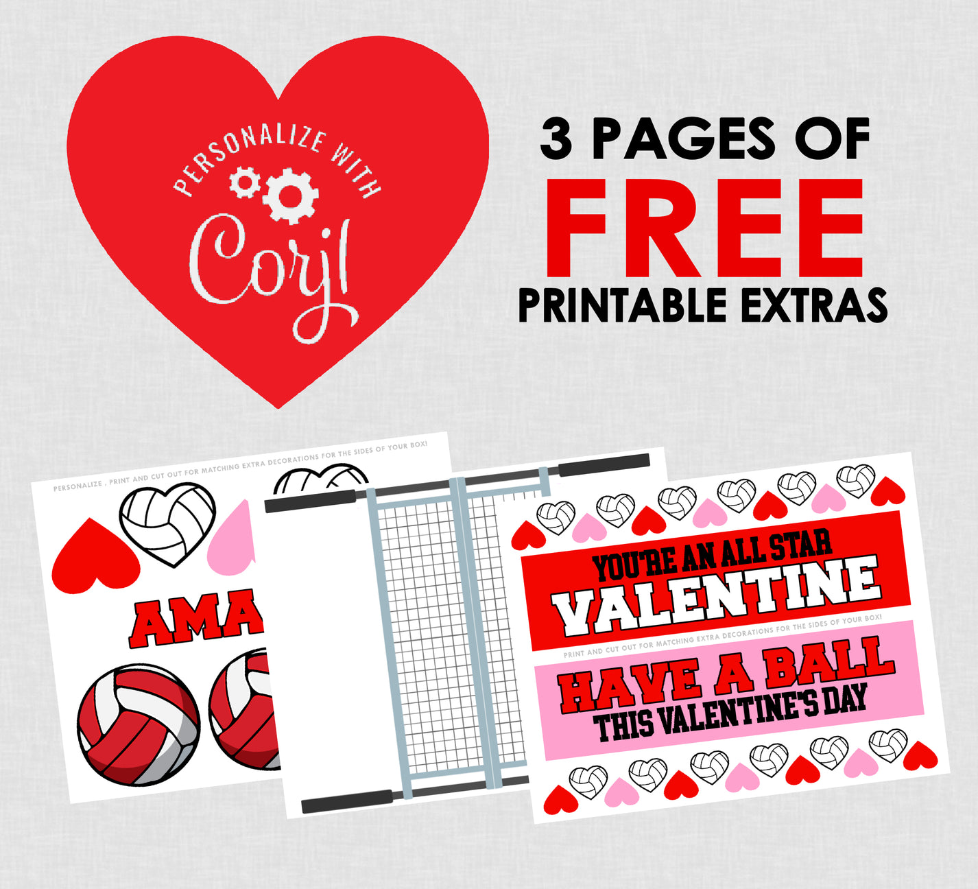 Printable Valentines Volleyball Court For Box || EDITABLE DIGITAL DOWN ...